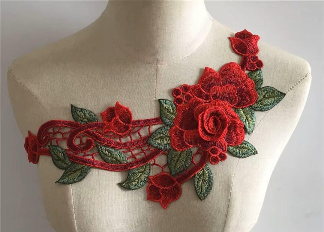 4 Colors Embroidered 3D Flowers Applique Patch, Red Rose Applique ...