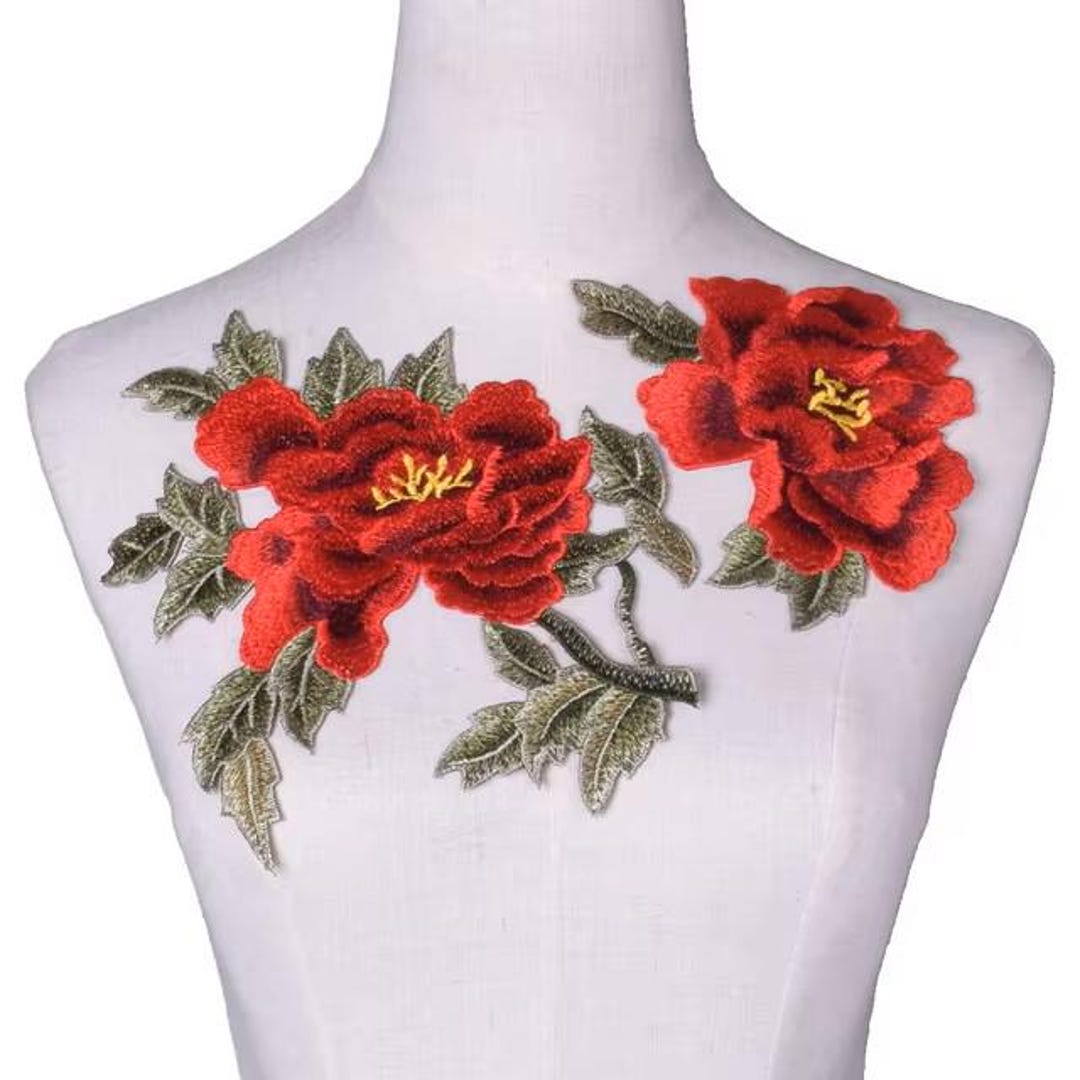 1 Set 3 Colors Embroidered 3D Flowers Applique Patch, Red Rose Applique ...
