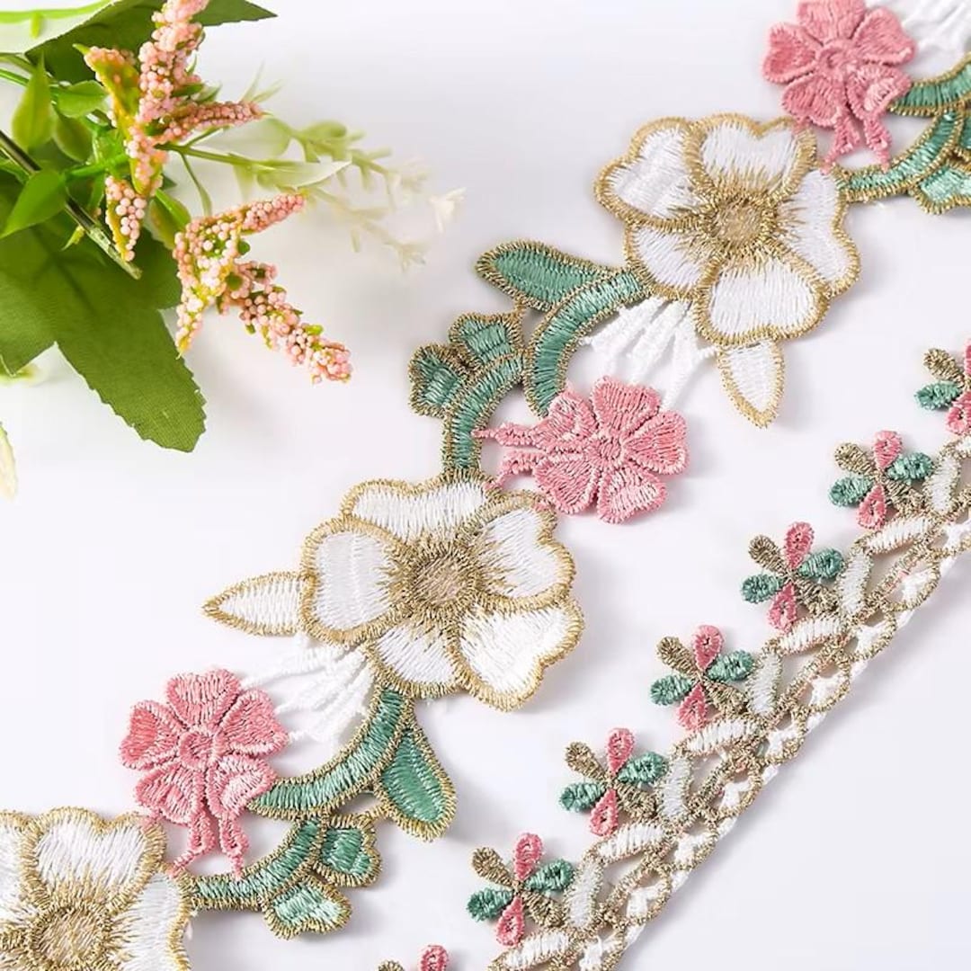 5 Yards 2 Styles Embroidery Wide Lace Ribbon Trim, Flower and Vine Lace ...