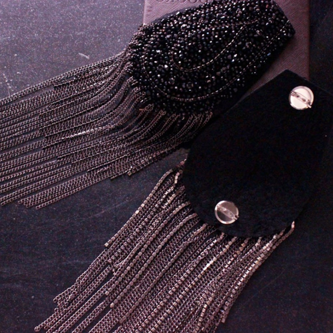 Black Crystal Tassel Epaulettes: Handmade Shoulder Pads, Set - Etsy
