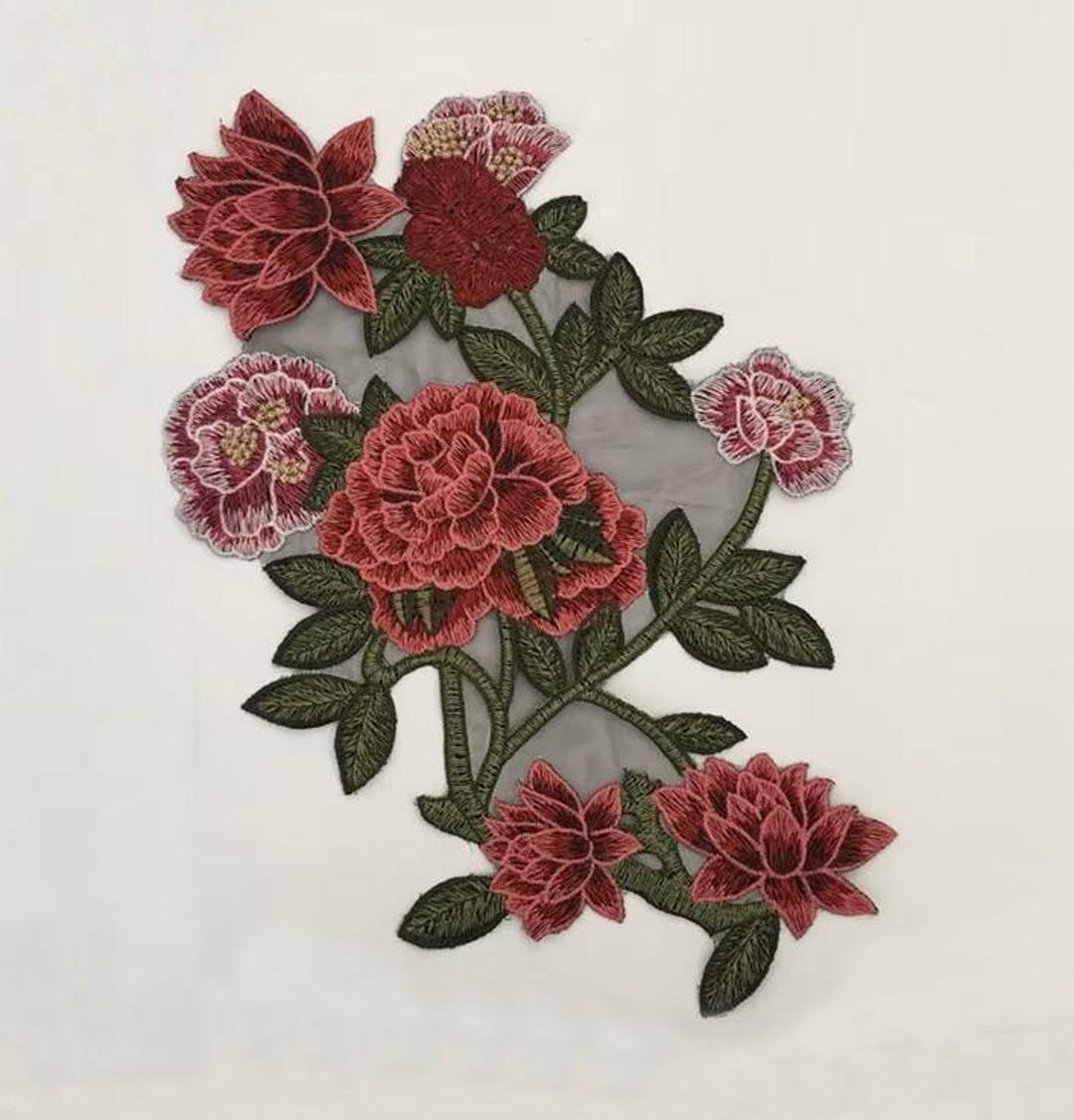 Red Peony Flower Embroidery Applique: Floral Sew on Patch 30.2x23.6cm ...