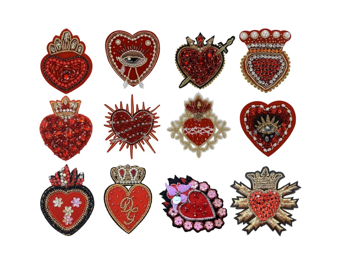 Rhinestone Sequined Heart Applique Patch: Red Beaded Sew-on ...