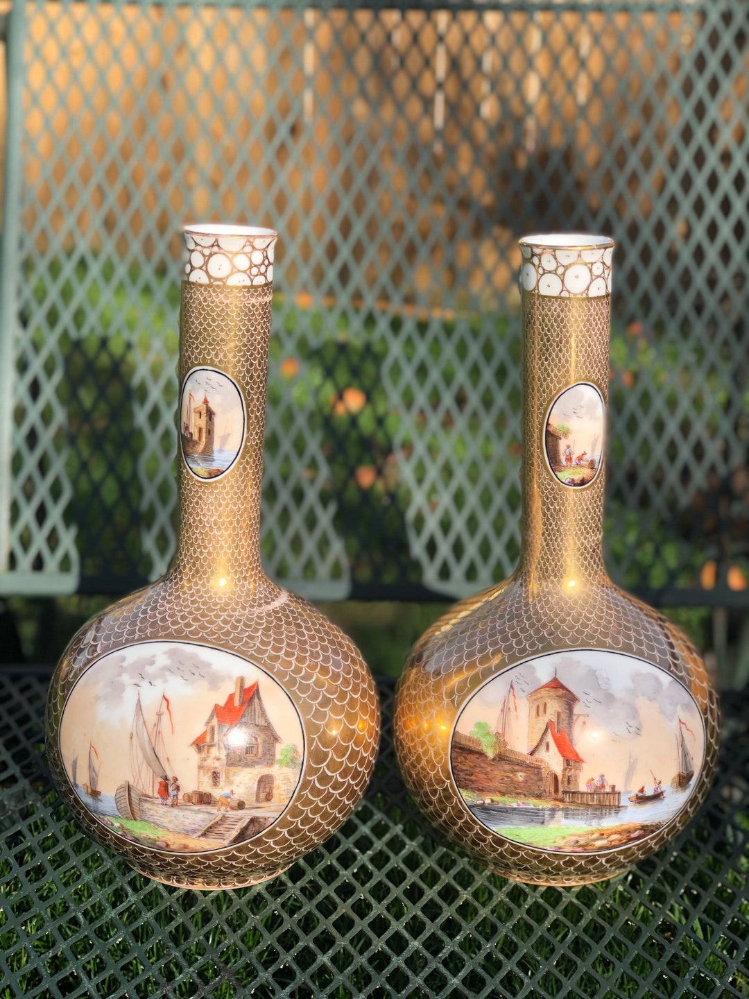 Two Antique Dresden Porcelain Vases Hand Painted 24 K German Rare 19c ...