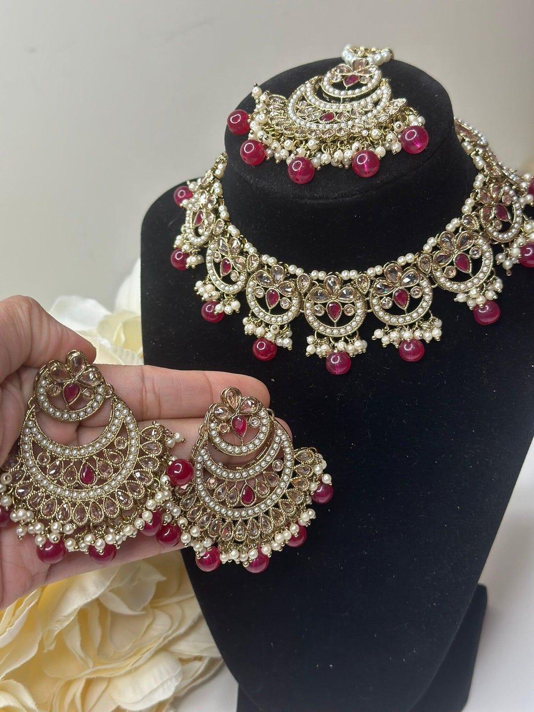 Izhaar Indian Polki Reverse Ad Pink Color Necklace With Earrings Tikka ...