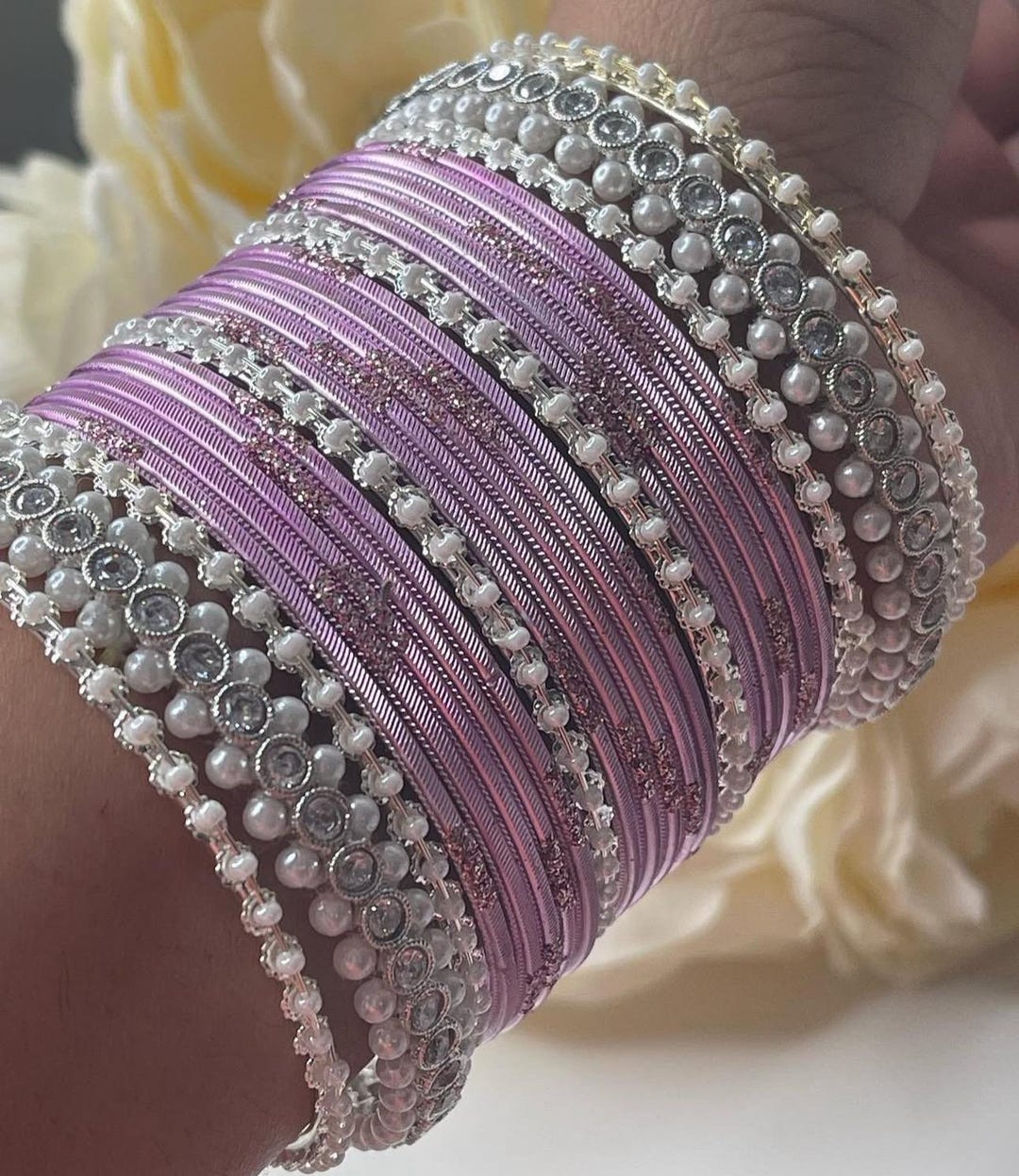 Indian Silver Pearl Bangle Set: Stone Work Kada, Wedding Jewelry - Etsy