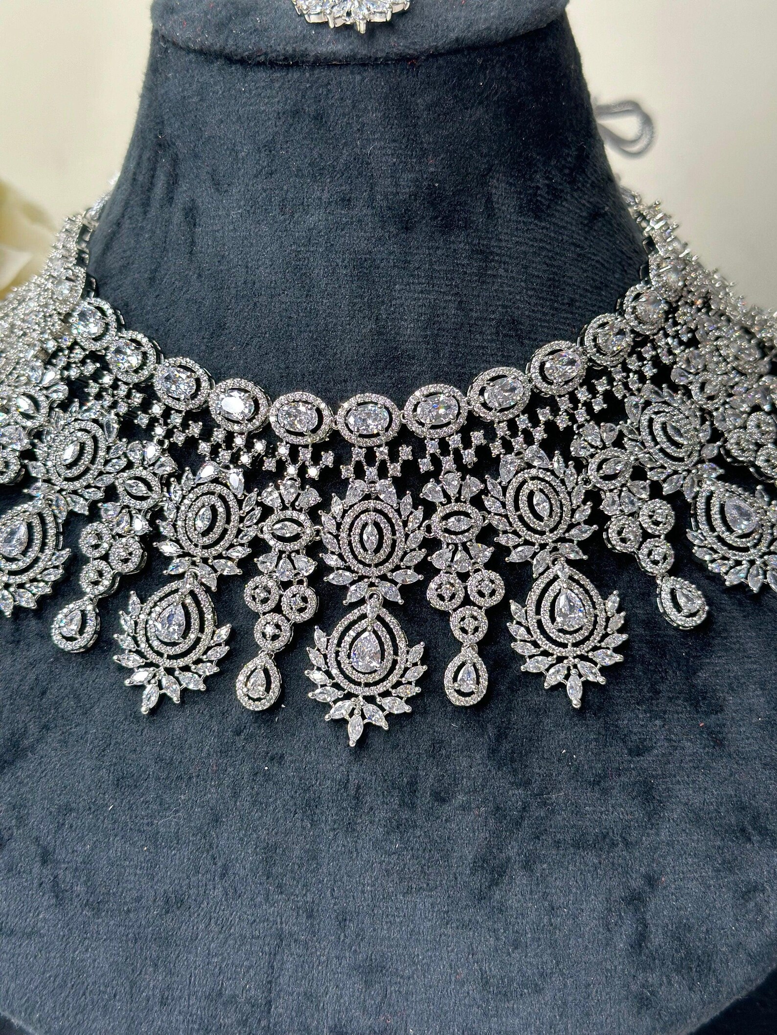 American Diamond Silver Necklace With Earrings and Tikka | Pakistani ...