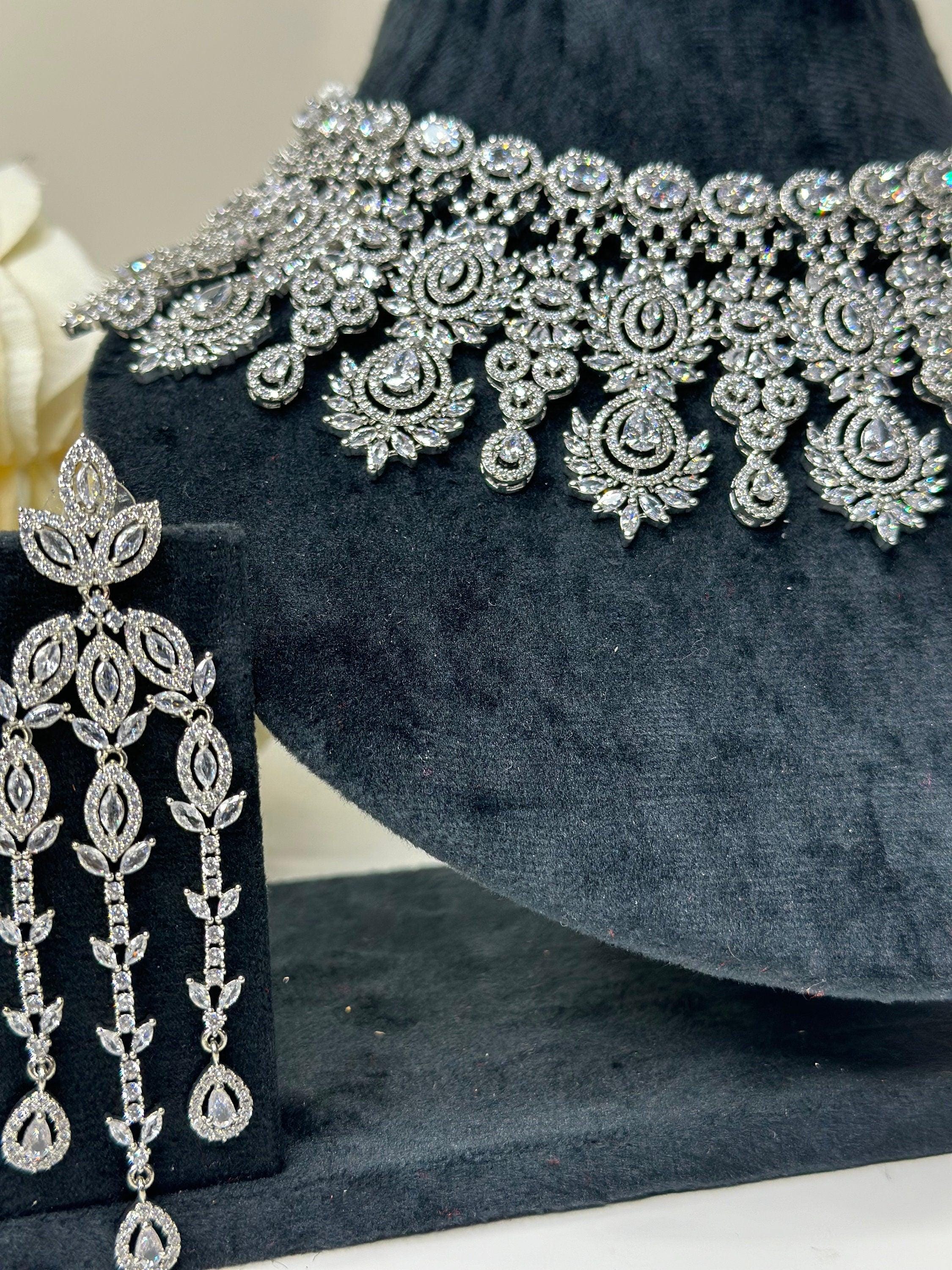 American Diamond Silver Necklace With Earrings and Tikka | Pakistani ...