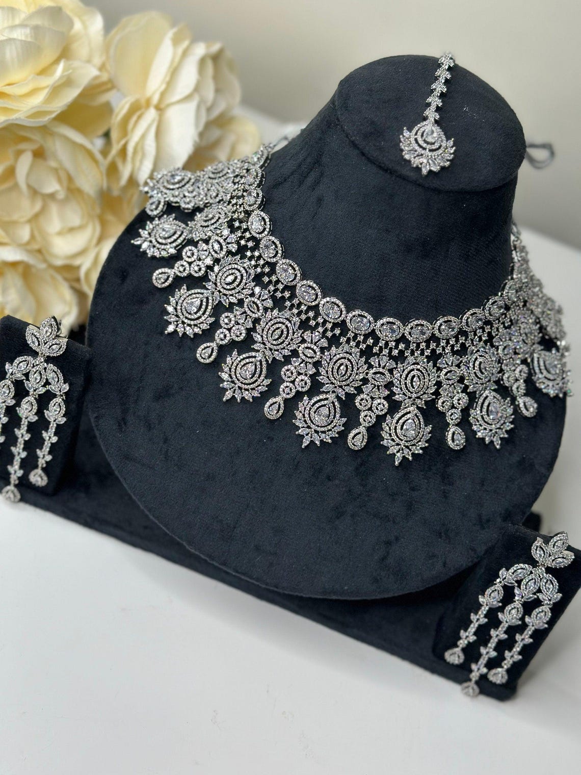 American Diamond Silver Necklace With Earrings and Tikka | Pakistani ...