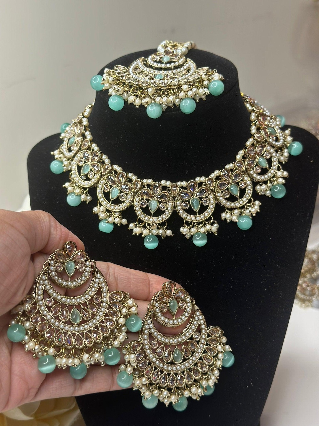 Izhaar Indian Polki Reverse Ad Mint Color Necklace With Earrings Tikka ...