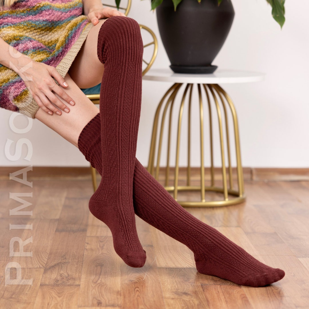 Over Knee Natural Lambswool Knitted Socks - Womens Knit Wool Seamless ...