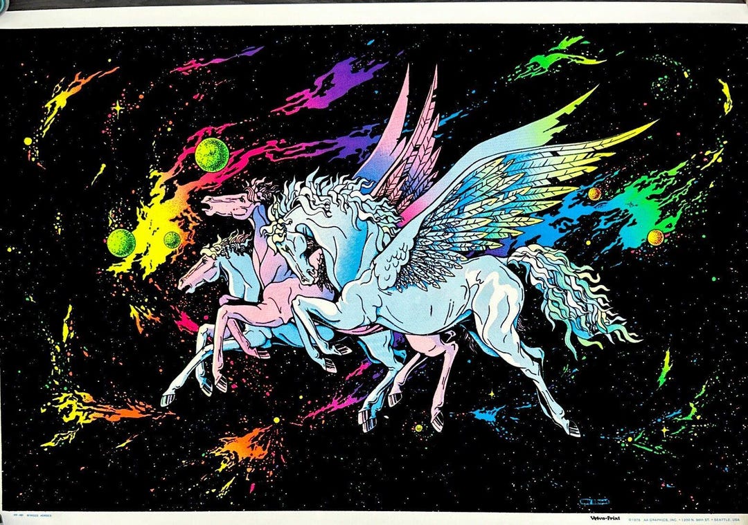 Vintage 70s Pegasus Winger Horses BLACKLIGHT Poster 35x23 Neon Kathy ...