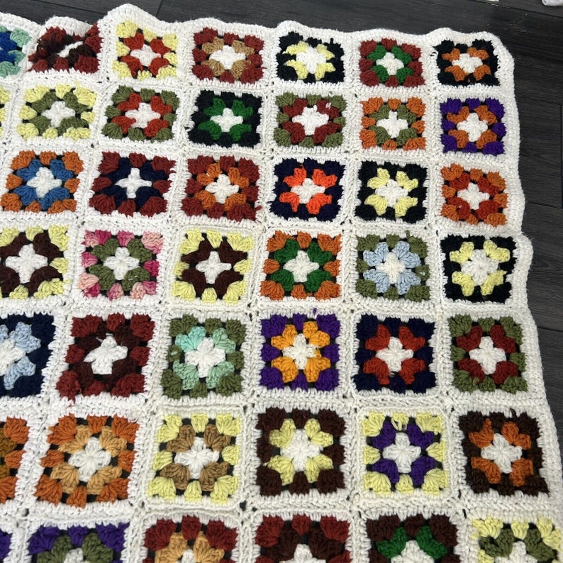 Vintage Granny Square Afghan Hand Crochet Multi-color Blanket Roseanne ...