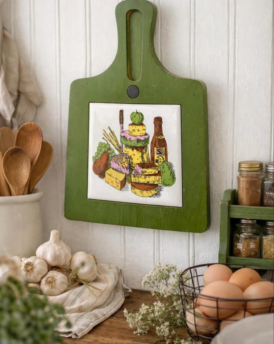 Vintage Cottagecore Cheese Board Wall Decor – Green Wooden Cutting ...