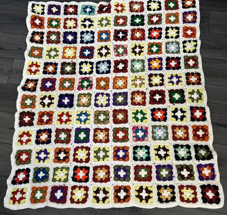 Vintage Granny Square Afghan Hand Crochet Multi-color Blanket Roseanne ...