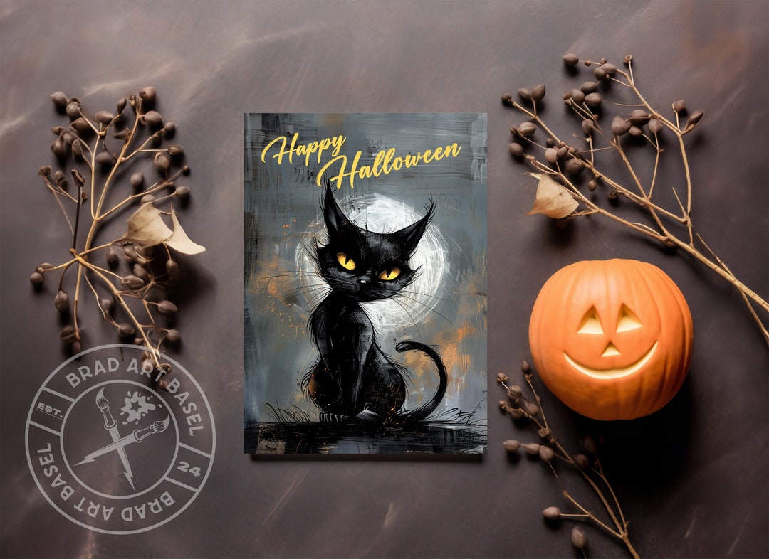 Black Cat Halloween Greeting Card: Handmade Blank Card - Etsy
