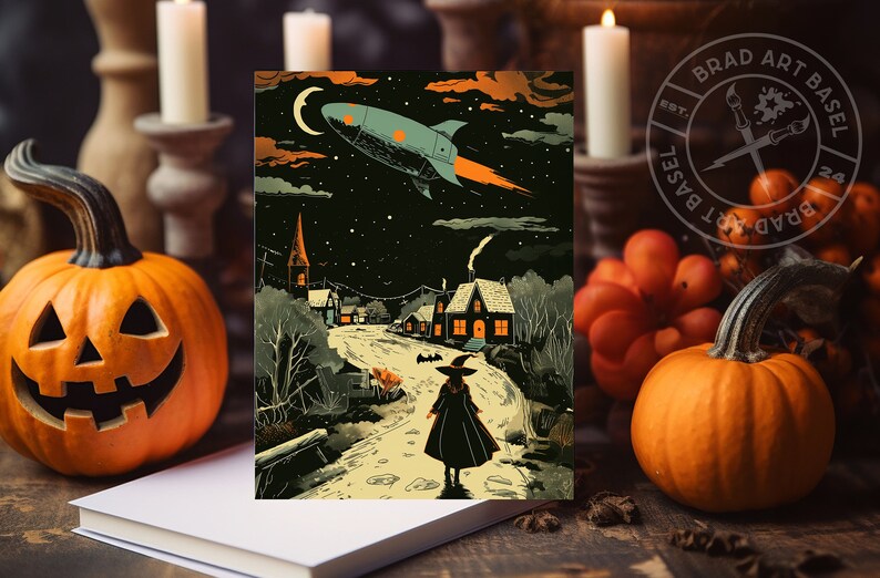 Rocket Witch Halloween Greeting Card: Retro Futuristic Illustrated Card ...