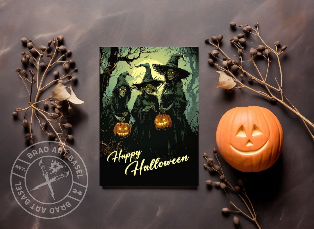 Evil Witches, Graphic Novel Style Illustrated Halloween Greeting Card ...