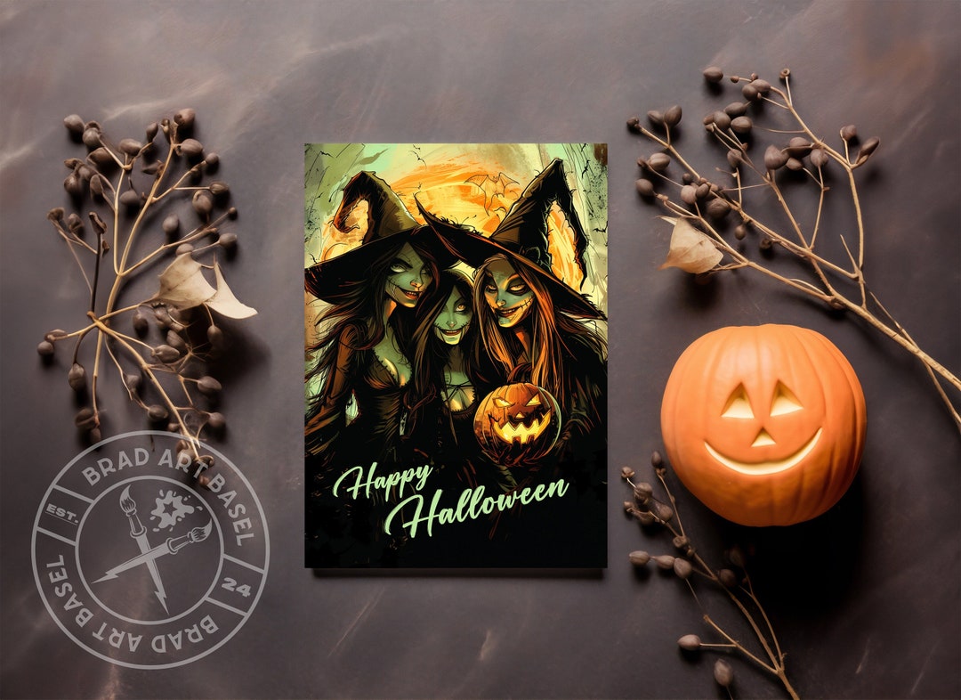 Halloween Greeting Card |skeleton Witches, Graphic Novel Style ...