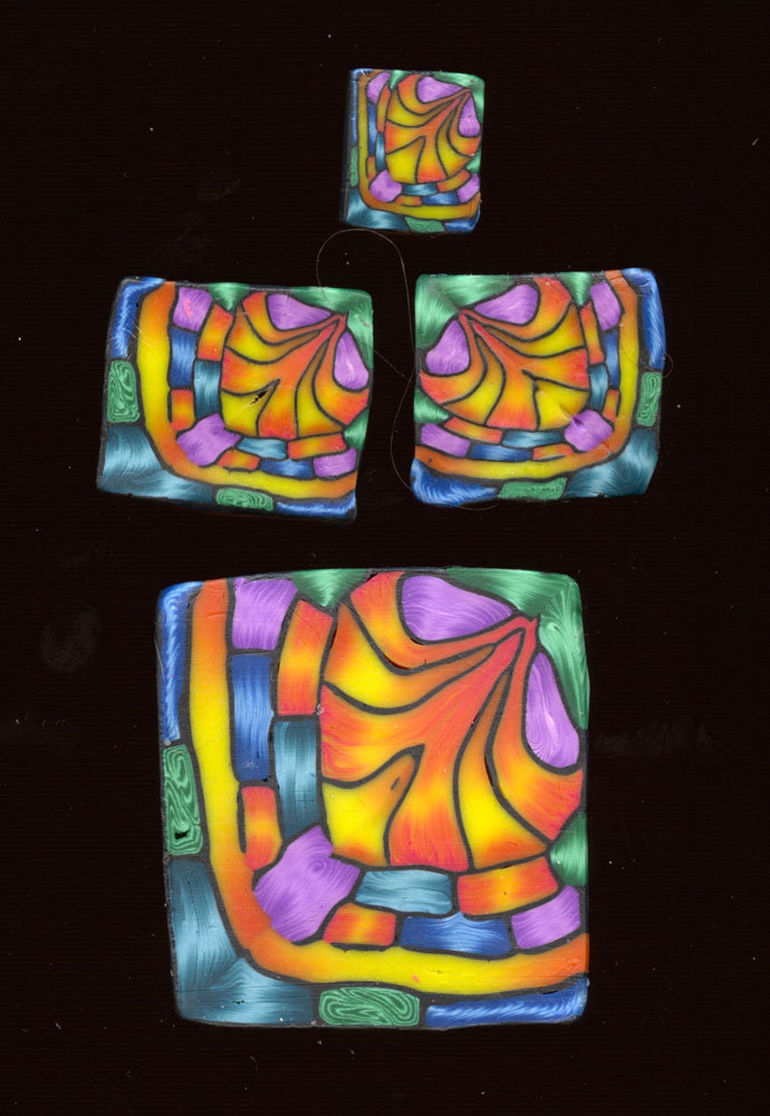 A Lot of 4 Floral Polymer Clay Tiles 2 X2, 1 1/4 X 1 , 1 X 1 1/8, and 3 ...