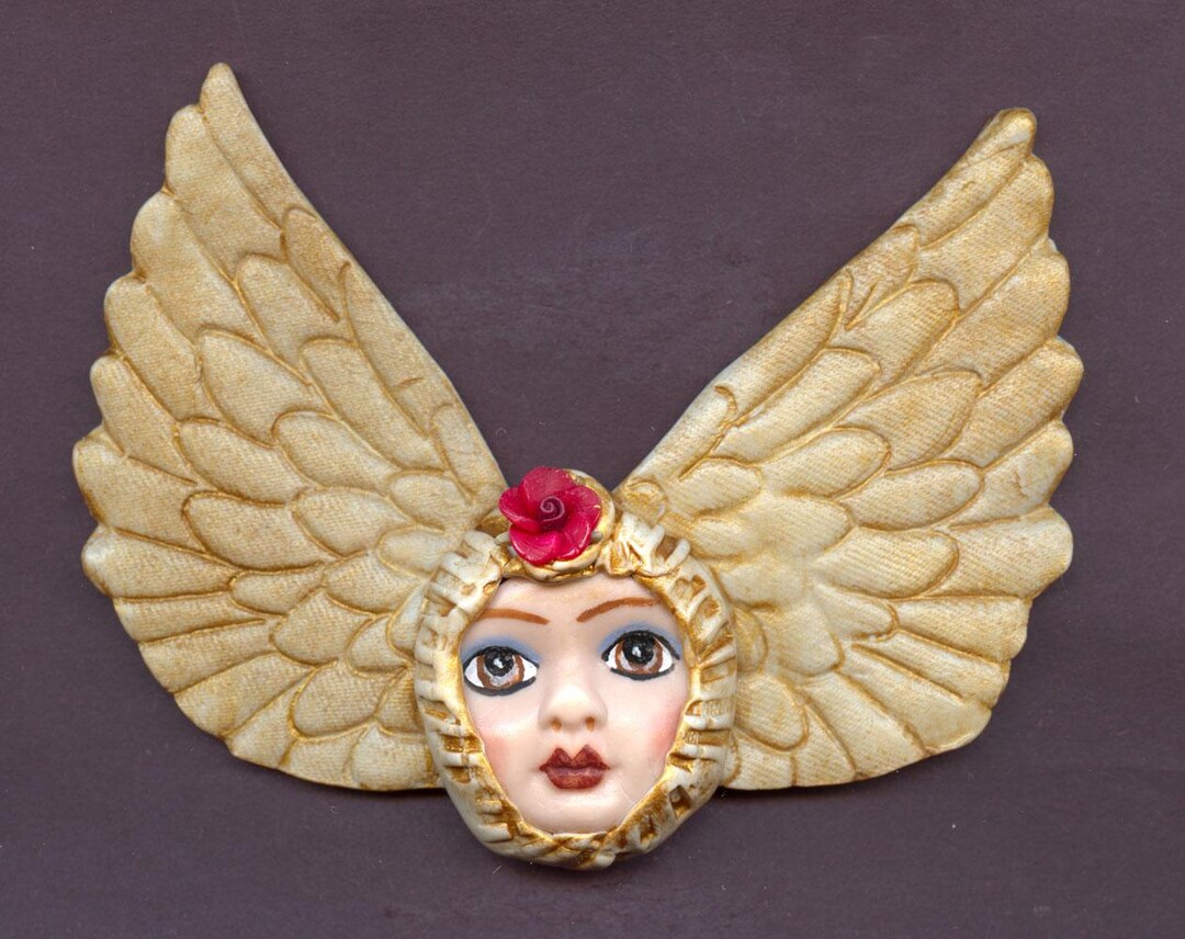 Polymer Large Angel Face With Wings in Metallic Gold 3 " Long X 4 ...