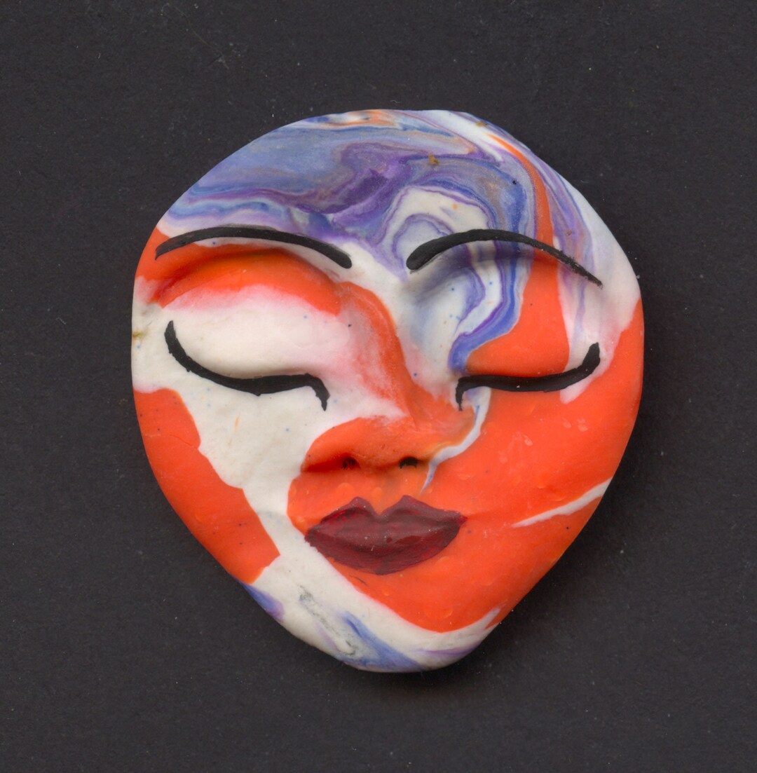 A Swirled Clay Polymer Clay Detailed Asian Face 1 1/2 " Long X 1 3/4 ...