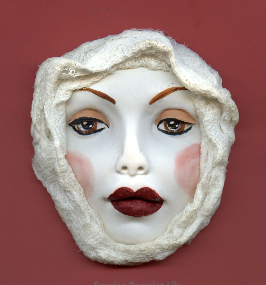 Polymer Clay Large Face With Fabric Hat OOAK 3" Long X 2 3/4" Wide A 46 ...