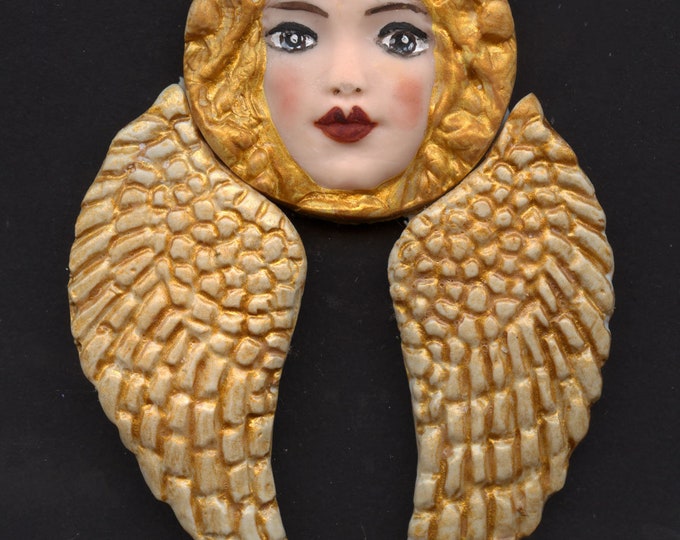 Polymer Large Angel Face With Wings in Metallic Gold 3 3/4 Long X 2 1/2 ...