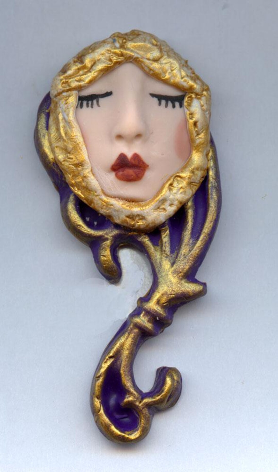 A Polymer Clay Purple and Gold Polymer Clay Face Component A 14 3"x 1 1 ...