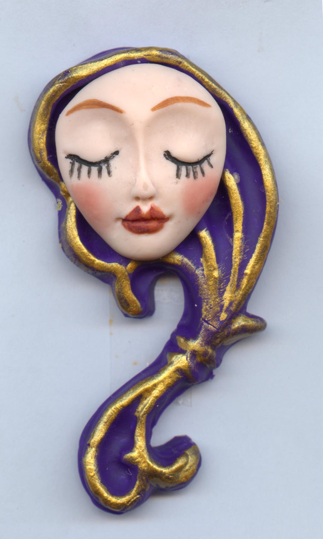 A Polymer Clay Purple and Gold Polymer Clay Face Component ABL 3 2 1/2 ...