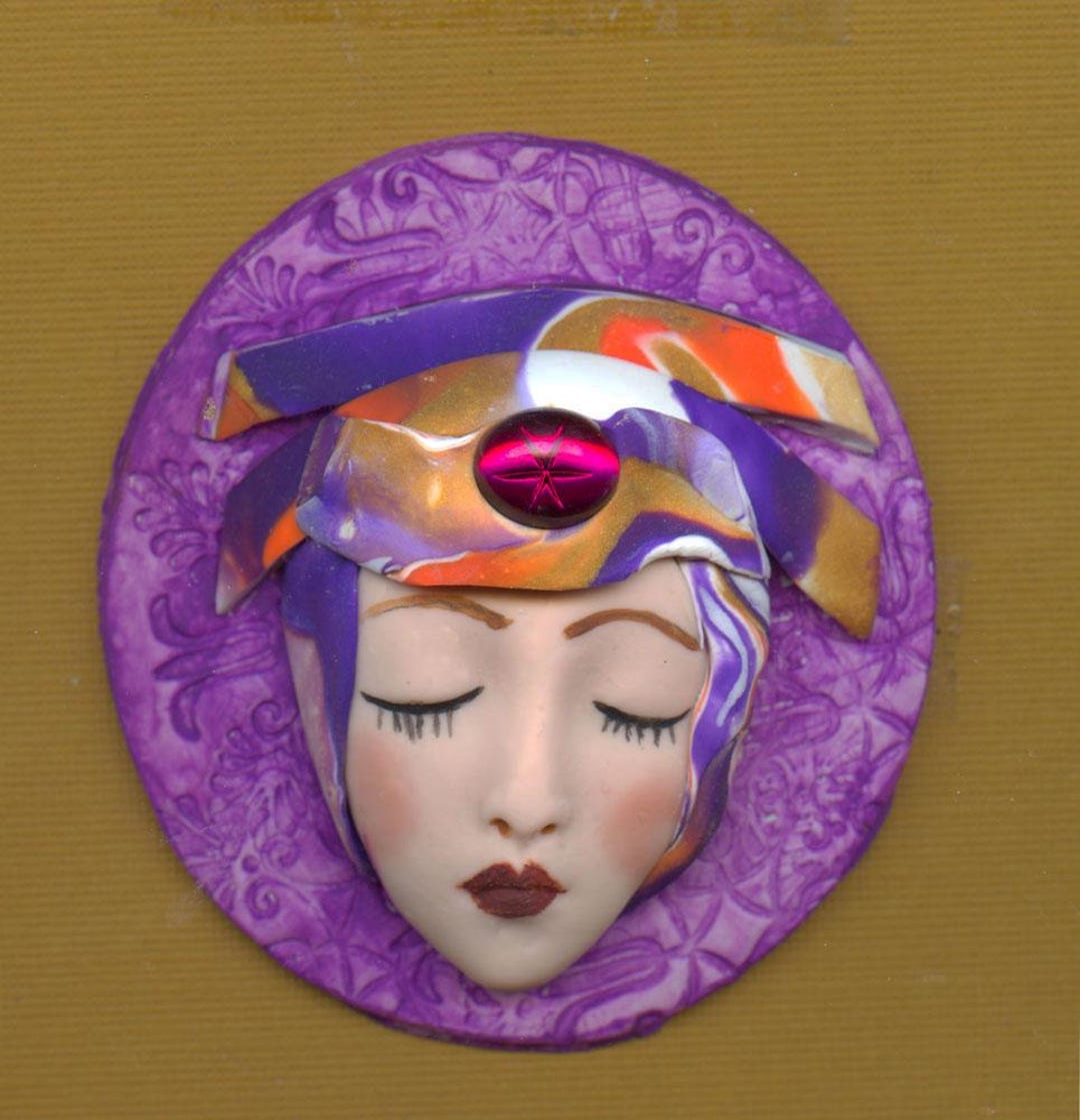 Polymer Clay Face Medallion: 3D Art Doll Head, Purple & Gold AA 20 - Etsy