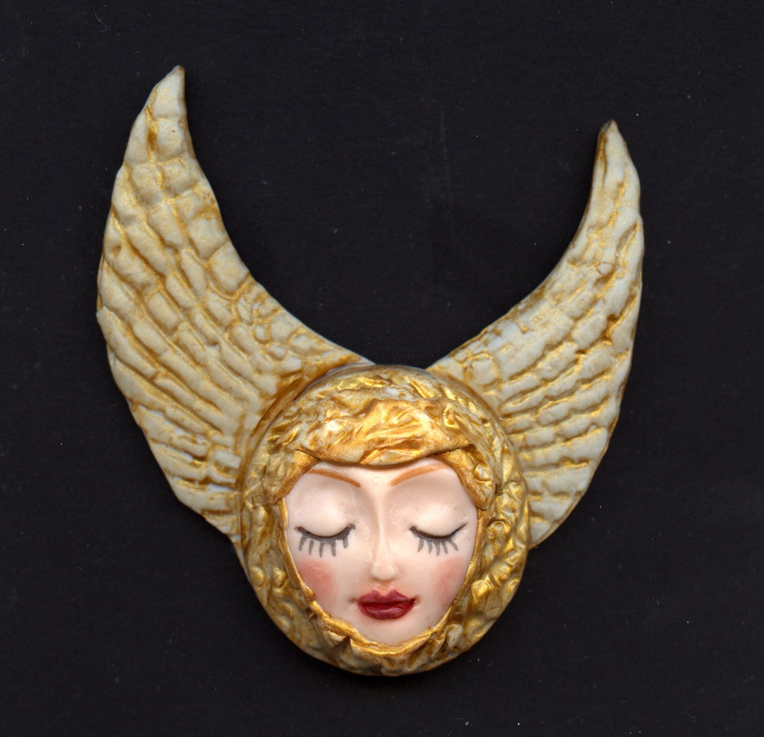 Polymer Large Angel Face With Wings in Metallic Gold 3 Long X 2 1/2 ...