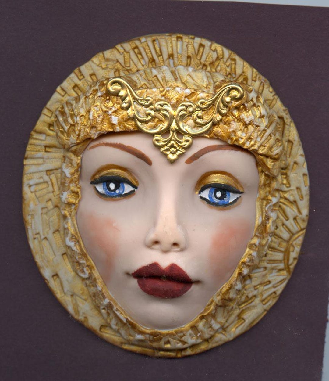 Large Detailed Face Polymer Clay 3 1/2 Inch Open Eyed Golden Medallion ...