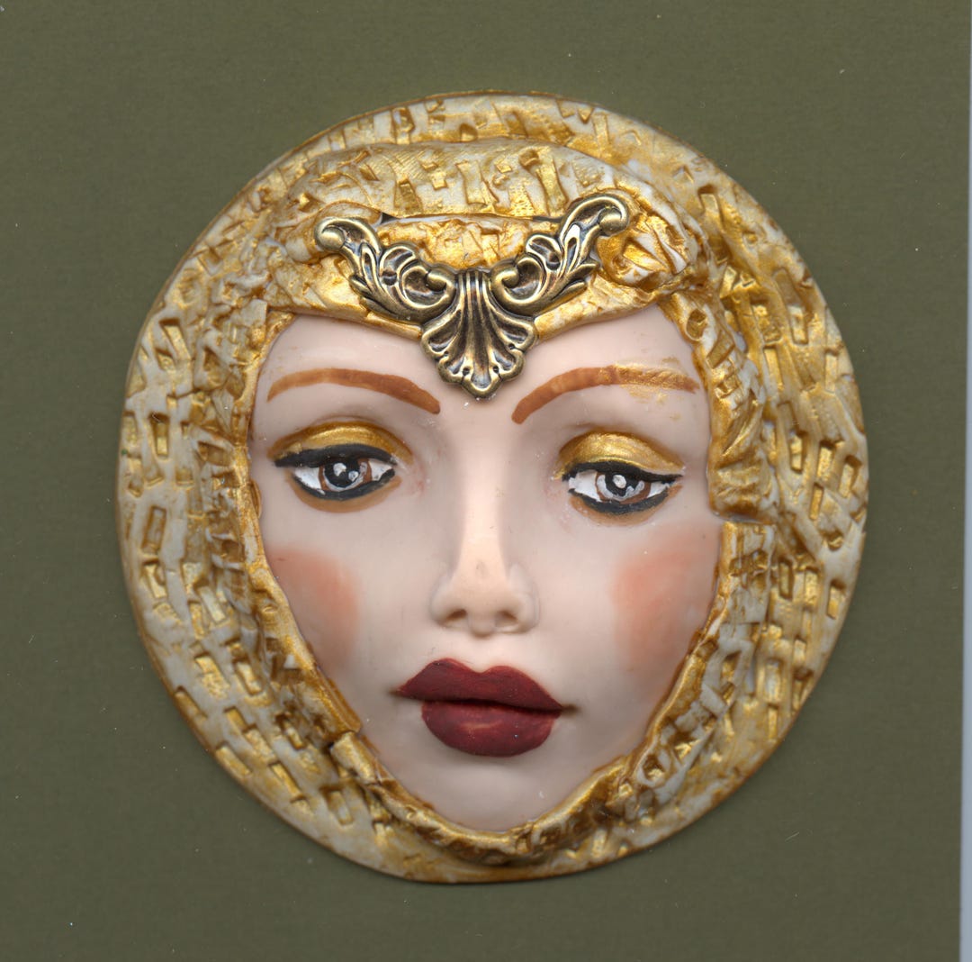 Polymer Clay Face Medallion: Detailed Queen With Golden Accents - Etsy