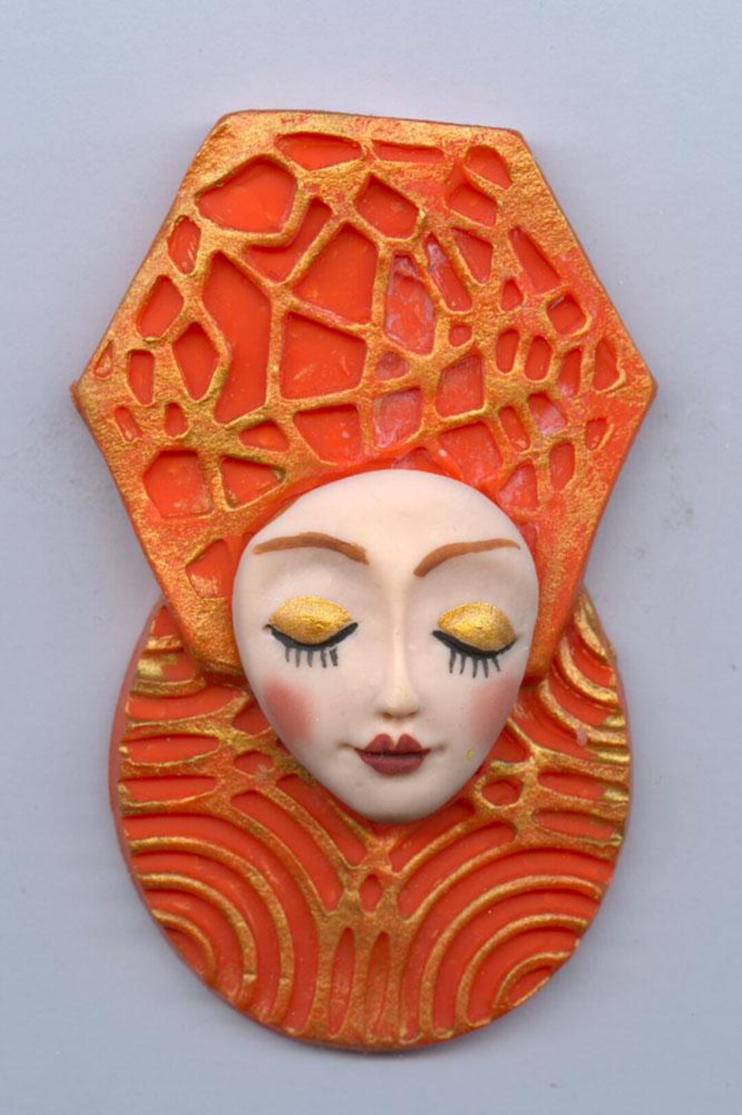 A Larger Orange and Gold Polymer Clay Art Dol Component A 61 3 1/4 ...