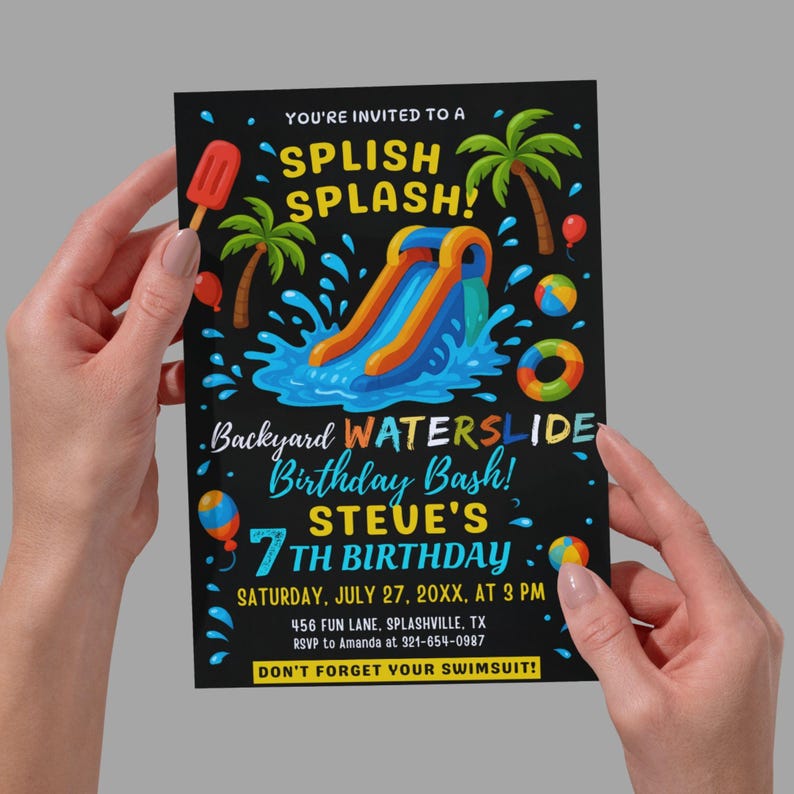 Editable Waterslide Birthday Invitation - Summer Pool Party - Splash ...