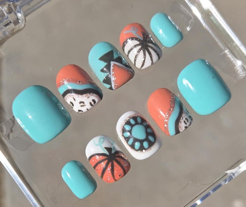 Hand Painted Press on Nails: Fall Aztec Turquoise Gemstone Design - Etsy