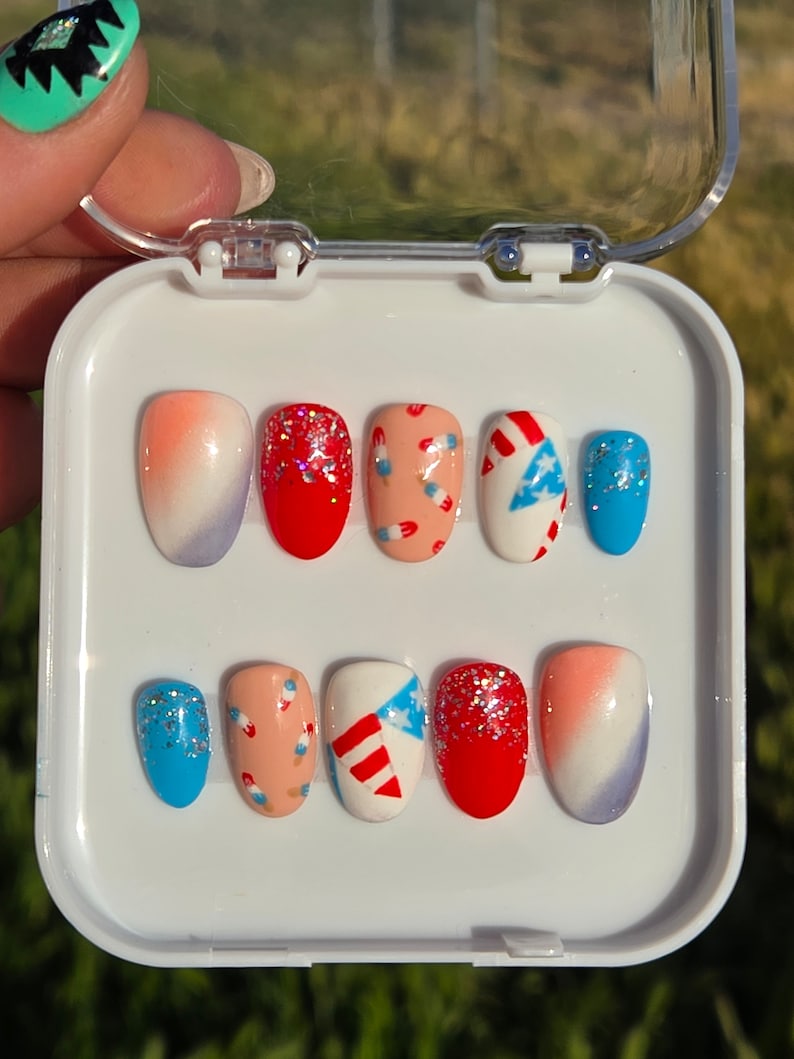 4th of July Nails Patriotic Summer Time Gel Press on Nails Fake Nails ...