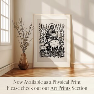 Good Shepherd Linocut Print, Christian Art, Jesus and Sheep (digital ...