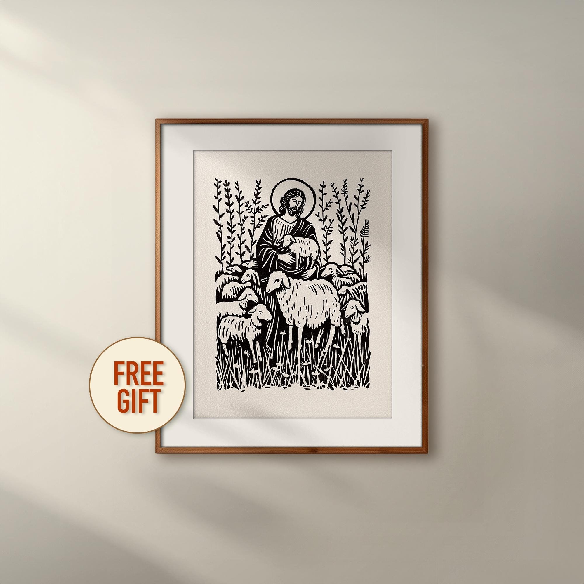 Good Shepherd Linocut Print, Christian Art, Jesus and Sheep (digital ...