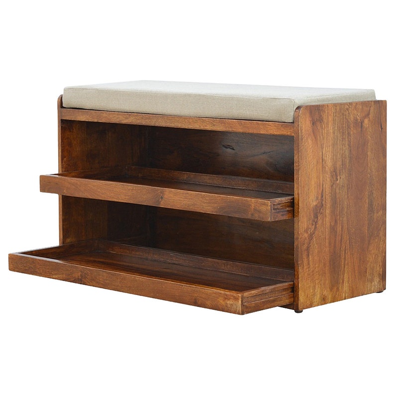 Mud Linen Pull Out Shoe Bench, Modern Solid Mango Wood Storage Bench ...