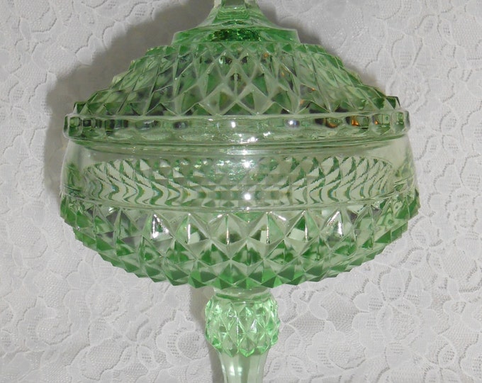 Vintage Green Depression Glass Compote Dish With Lid, Rare, Diamond ...