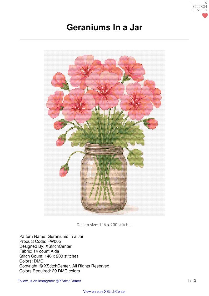 Geraniums in Jar Cross Stitch Pattern • Wildflowers Cross Stitch ...