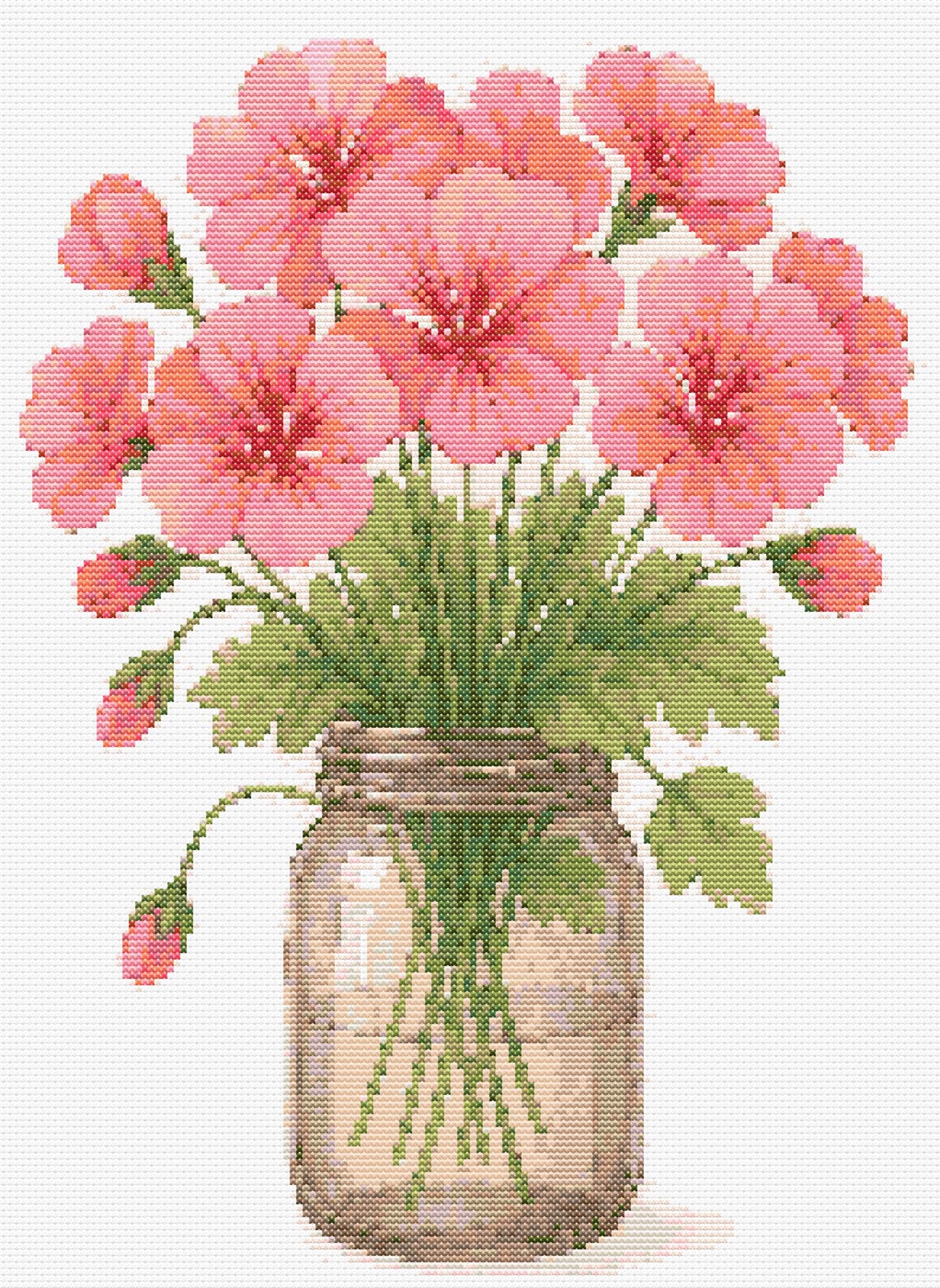 Geraniums in Jar Cross Stitch Pattern • Wildflowers Cross Stitch ...