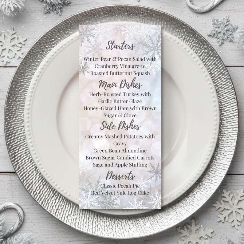 Winter Wonderland Menu Card | Elegant Snowflake Christmas Dinner ...