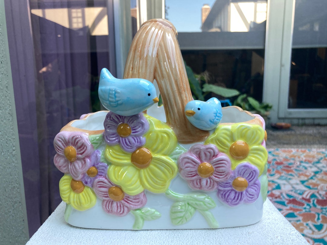 Vtg Teleflora Spring Summer Ceramic Blue Bird Basket 3D Bird Lovers ...