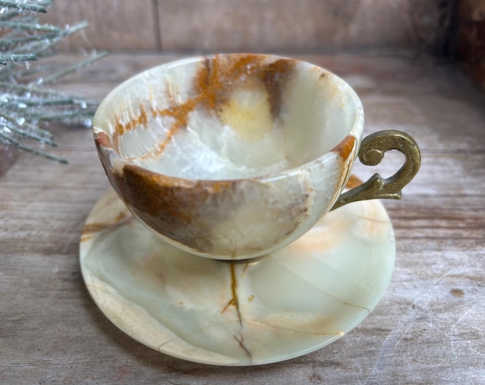 Natural Stone Alabaster Cup 3.25” Diam and Saucer 4.75” Diameter as is ...