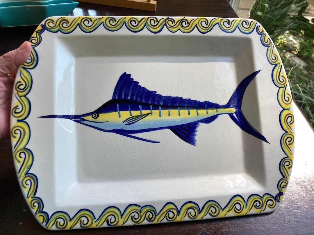 Hand Painted Swordfish Sailfish Ceramic Seafood Platter Yellow and Blue ...