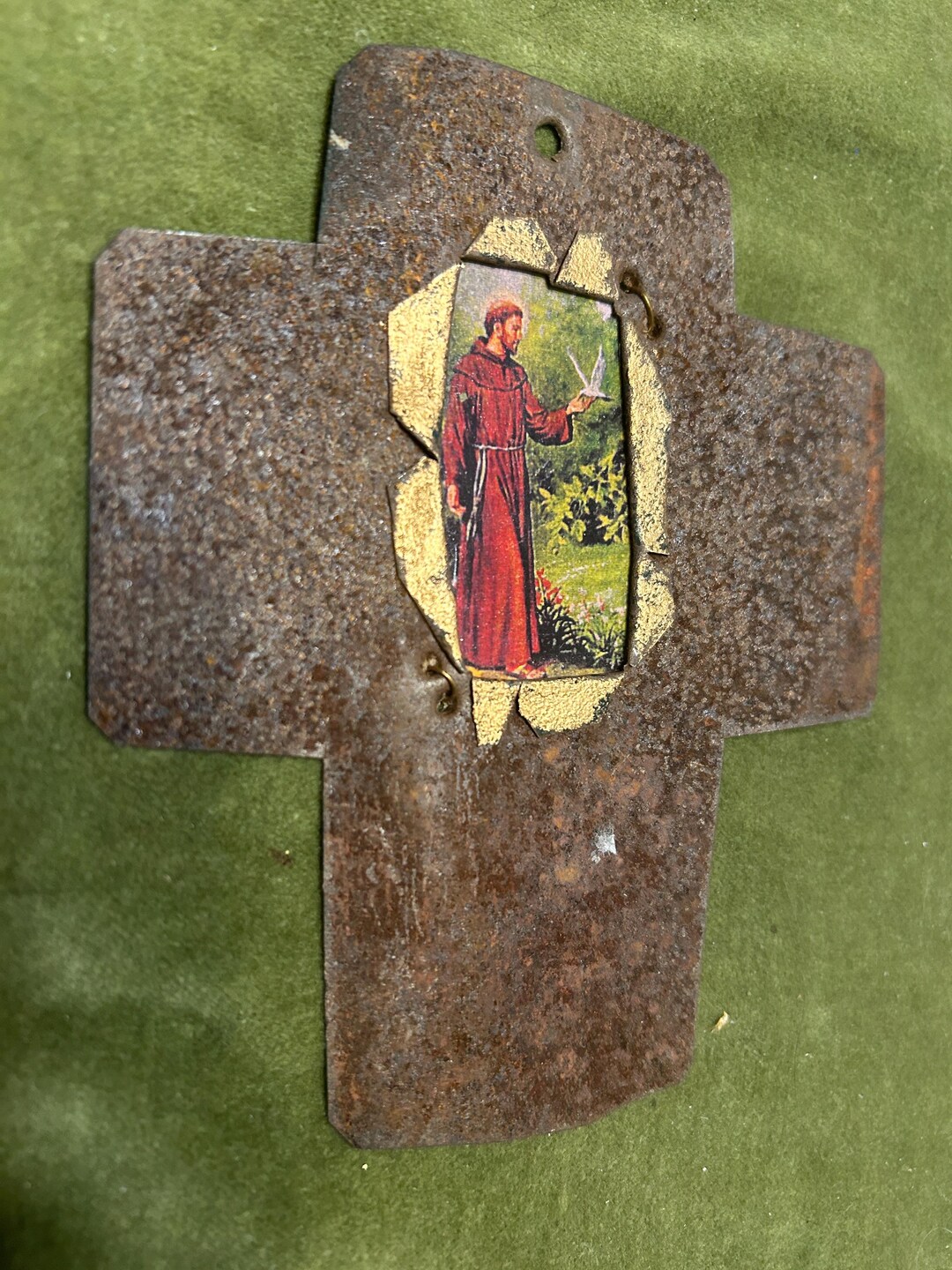 Vtg St Francis Retablo Tin Cross Patton Saint Animals Religious Icon ...