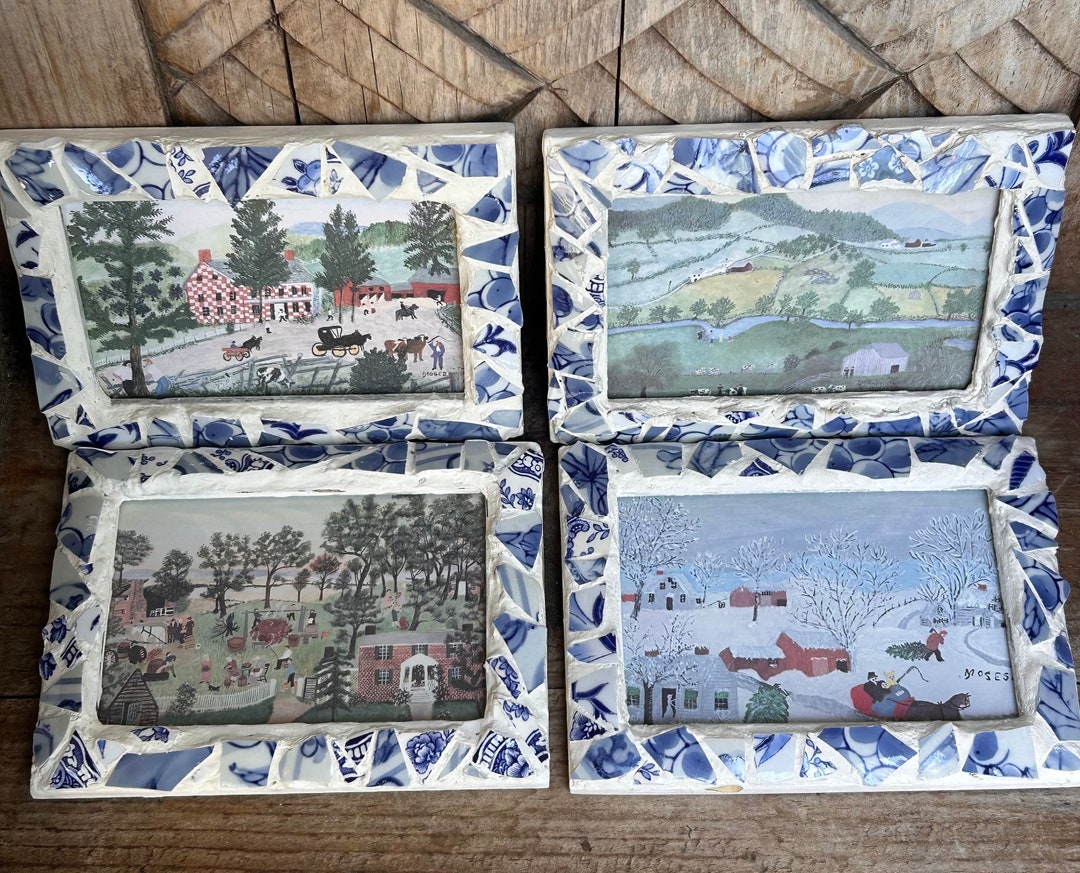 4 Grandma Moses Cards in Blue White Handmade Mosaic Frames - Etsy