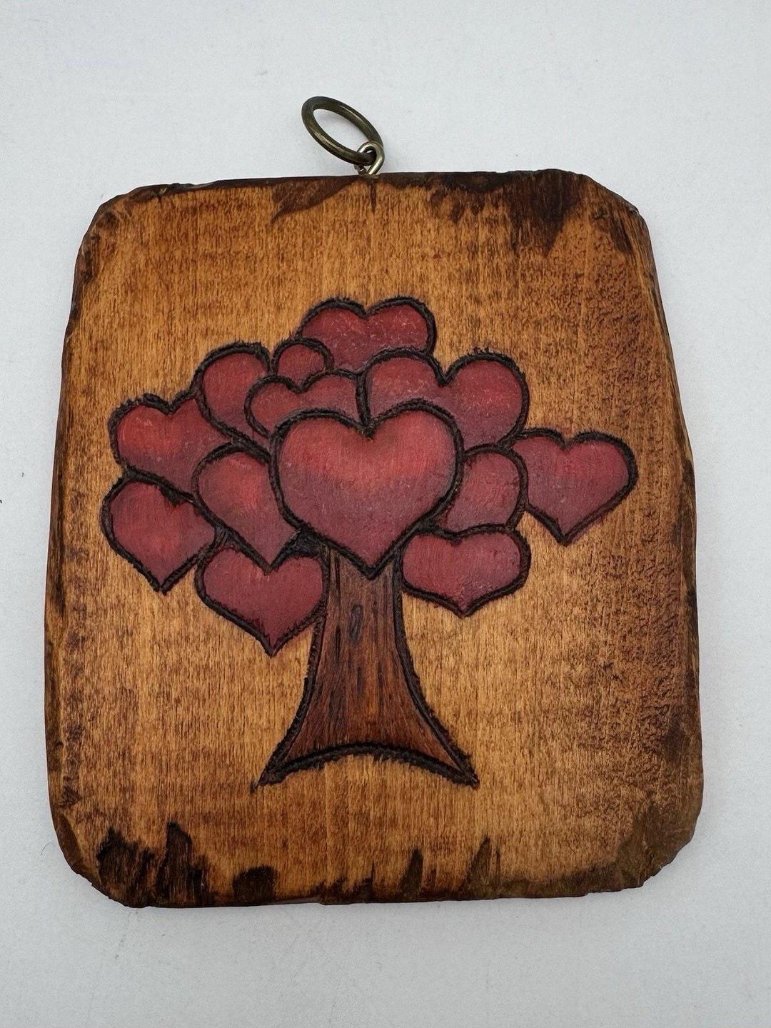 Wood Plague Hand Carved Tree Red Heart Shaped Leaves 4” - Etsy